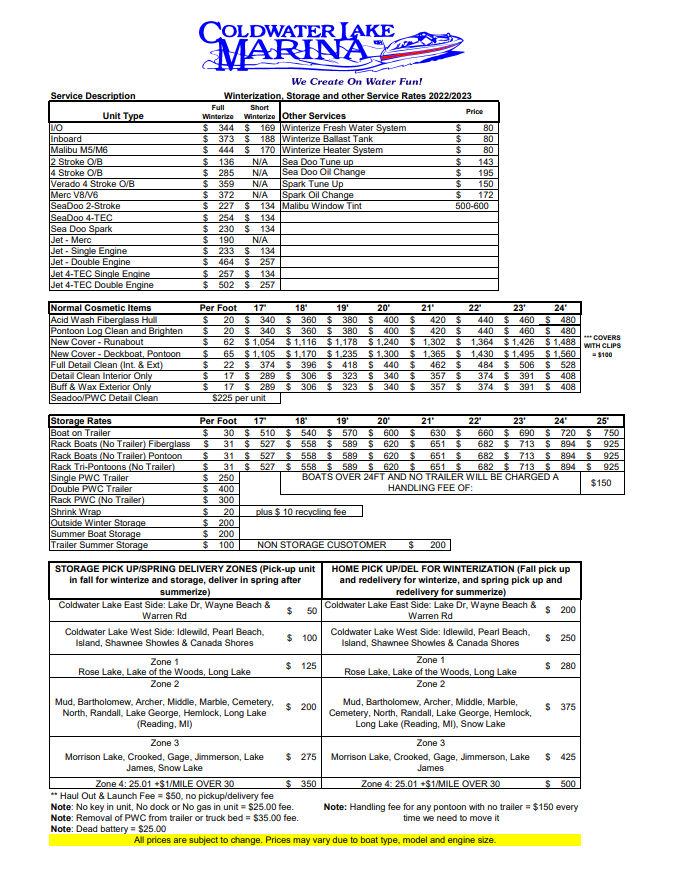 Storage Out Form | Coldwater Lake Marina Michigan